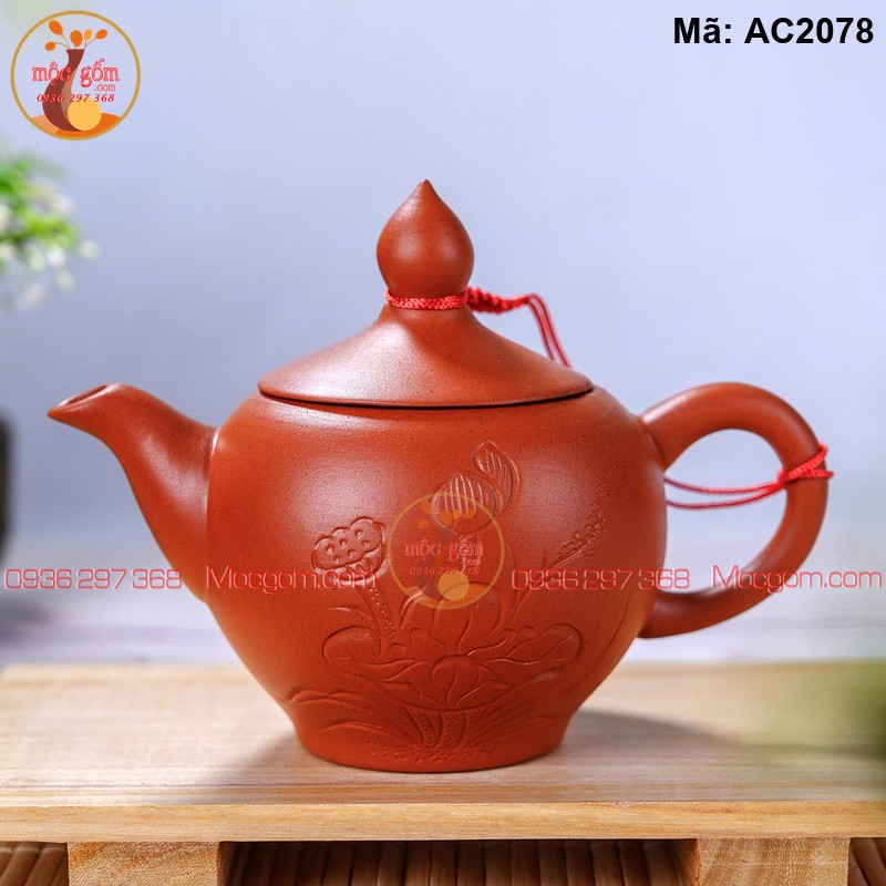 Bộ ấm chén gốm mộc đỏ dáng chóp đào mã AC2078 – Mộc gốm